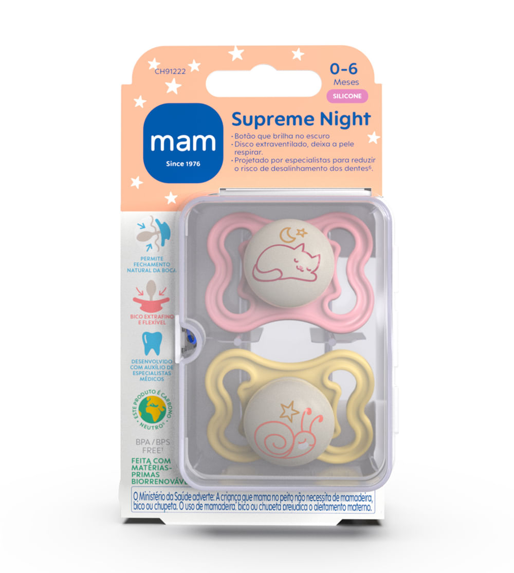 Chupeta Supreme Night 0 à 6 meses com 2 unidades Rosa/Amarelo - CH91222 ...